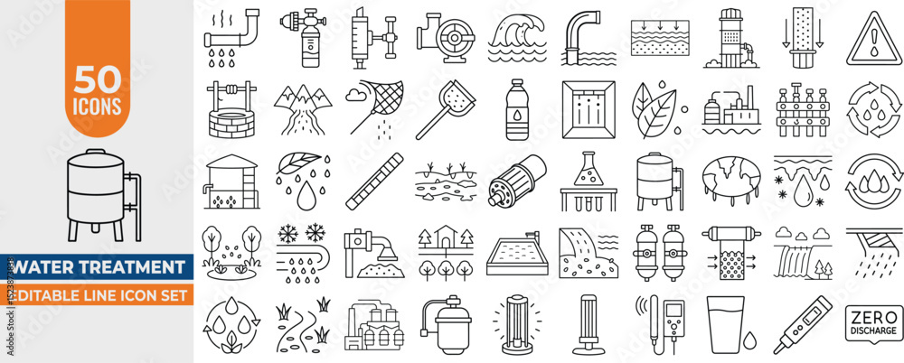 Water Treatment & Filtration Icons – 50 Editable Line Vector Symbols ...
