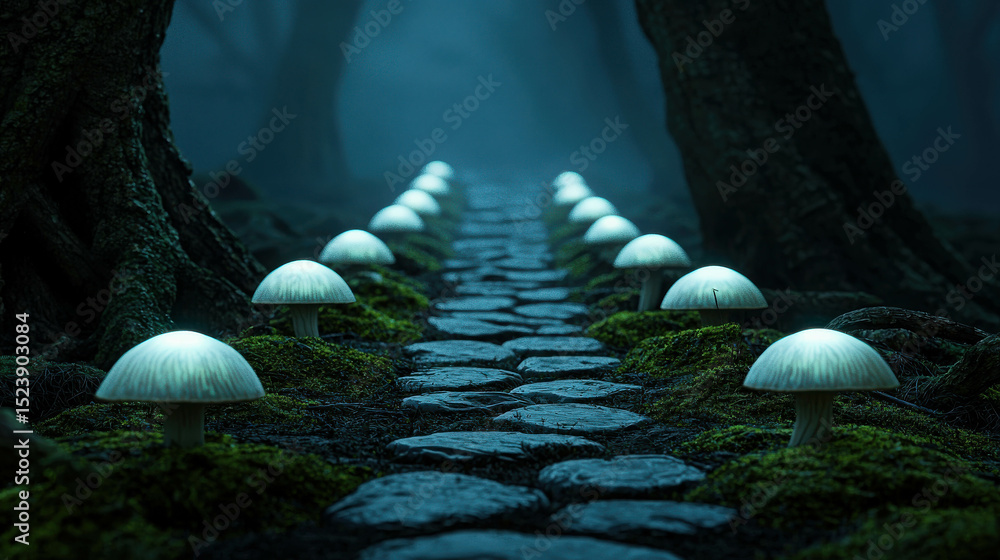 Ethereal Glowing Mushrooms Line Enchanted Pathway in Mysterious Forest ...