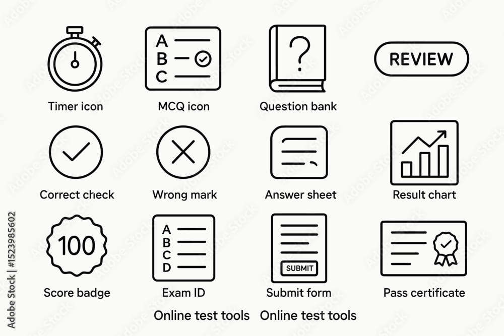 Online test tools icons: timer, mcq, question bank, results, and ...