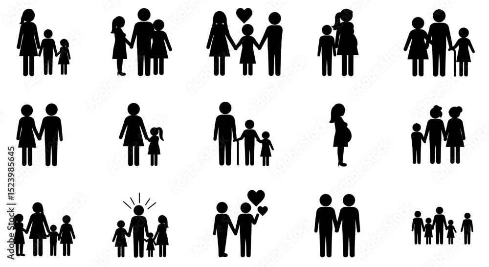 Diverse family stick figures parents children couples pregnancy and ...