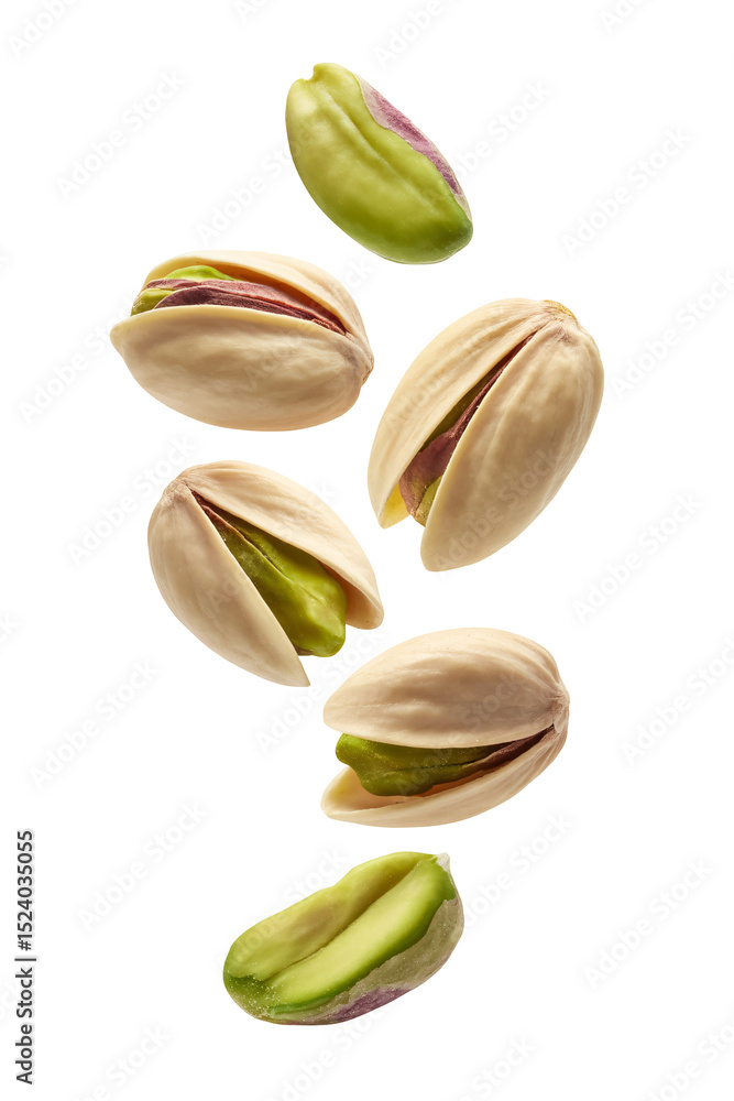 Falling pistachio nuts with shell and kernel isolated on transparent ...