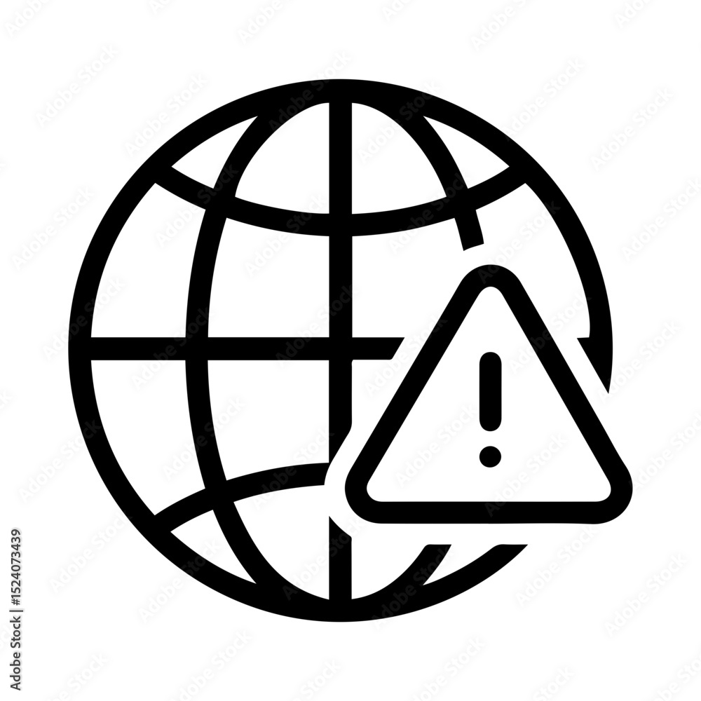 Line icon of a globe with a warning sign. Represents global risk, error ...