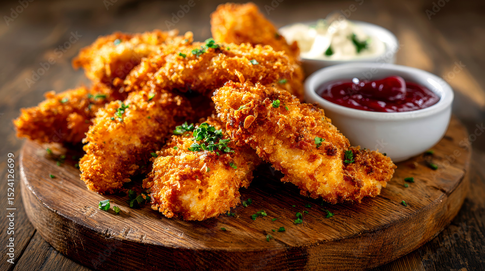 Golden and crispy fried chicken tenders served on a rustic wood platter ...