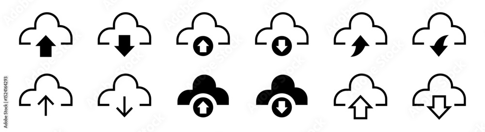 Vetor Conjunto de iconos de nubes de almacenamiento. Subida y descarga ...