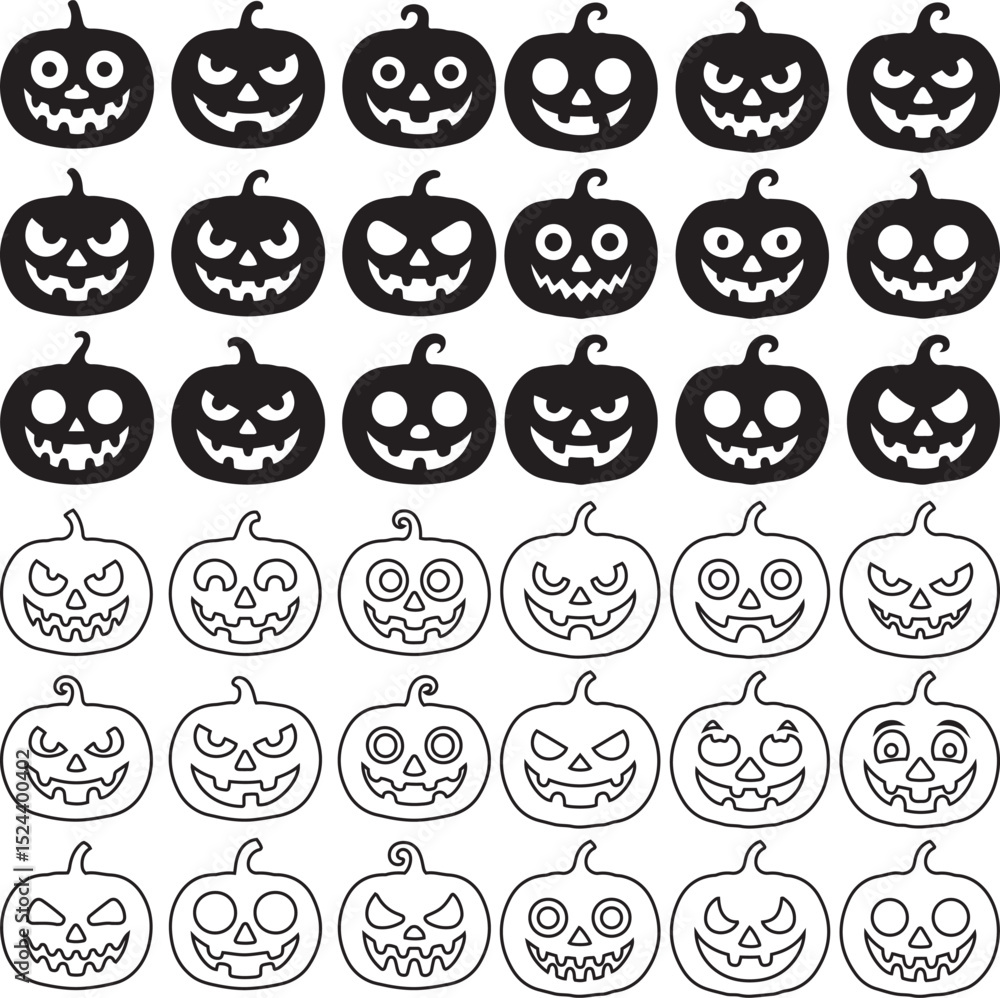 Spooky black and white halloween Jack o lantern pumpkin faes vector set ...