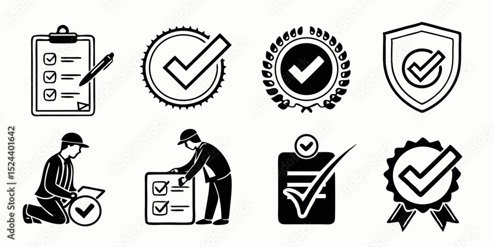 Checkmark and Approval Icon Set – Black Silhouette Vector Glyphs of ...