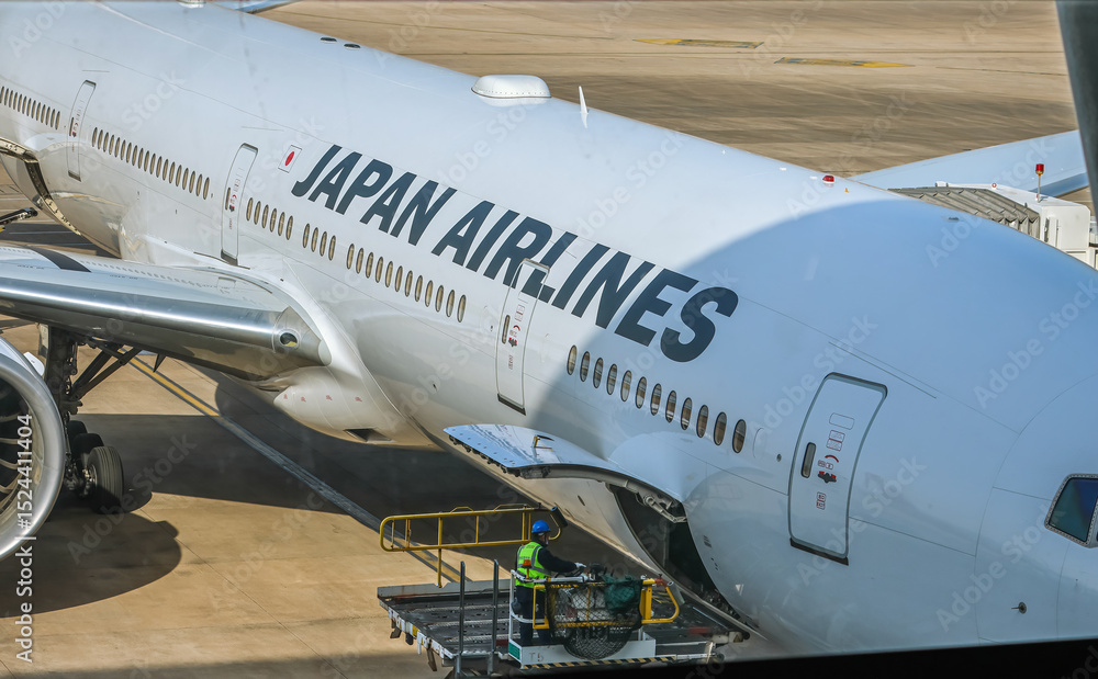 Airplane of Japan Airlines staying at Pudong international airport ...