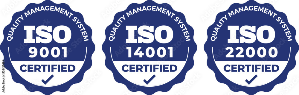 ISO 9001, 14001, 22000 Certified Emblems Set – Monochrome QMS Standard ...