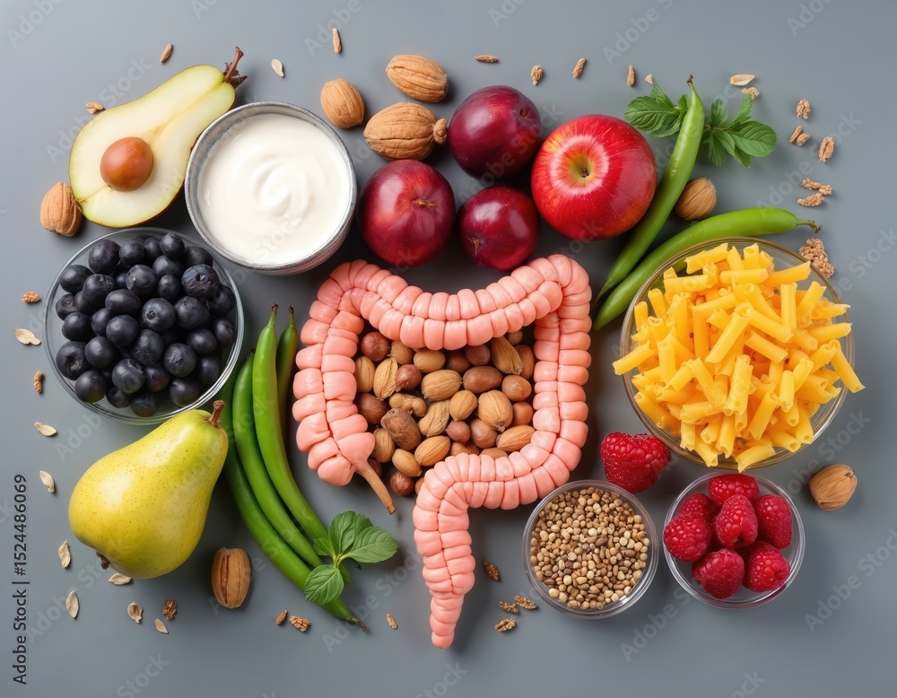 Stock-Foto „Assortment foods for intestine health on gray. Diet ...