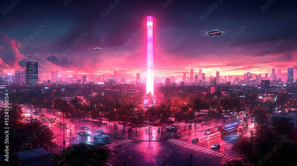 Pink obelisk glows amidst a cyberpunk cityscape at dusk, with ...