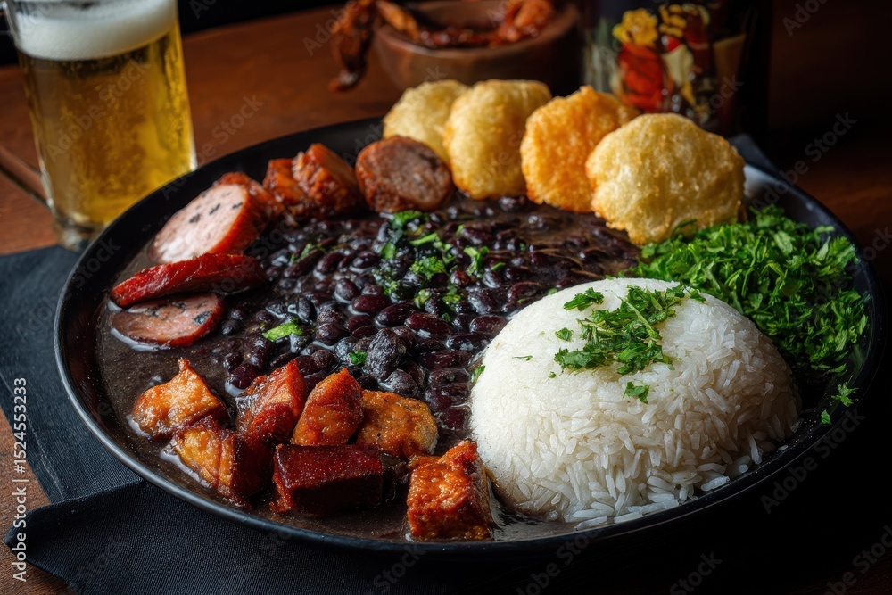 Feijoada with rice manioc pork rinds and chilled beer Stock Photo ...