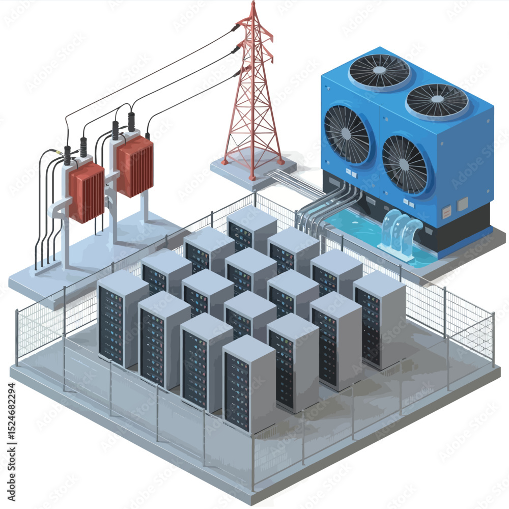 Isometric view of data center power grid cooling system isolated on ...