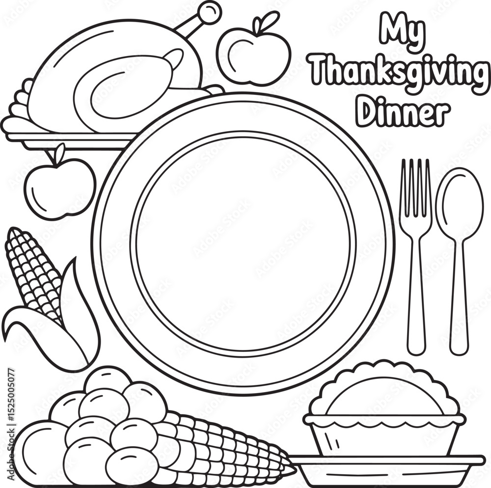 Praca wektorowa bez tantiem: Thanksgiving Dinner Coloring Page with ...