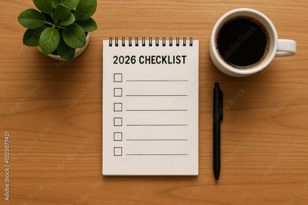 2026 Checklist Notebook On Desk With Coffee Pen And Potted Plant Stock ...