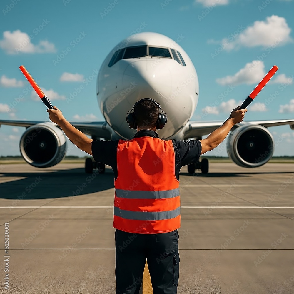 Foto de Stock Aircraft Marshalling in Action Ground Crew Guiding ...