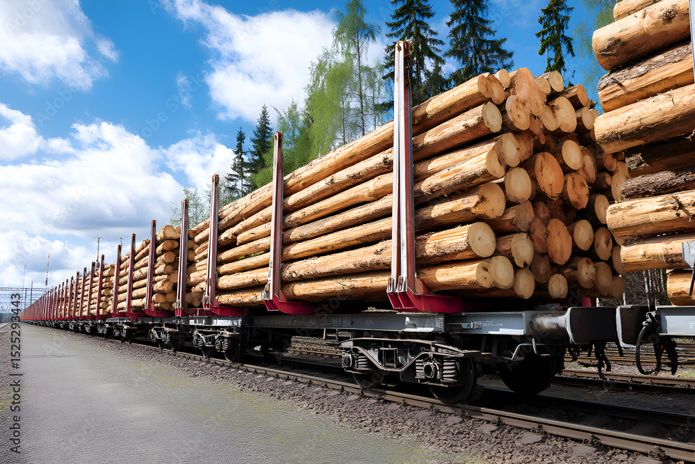 Foto de Stock Freight train carrying logs on sunny day | Adobe Stock