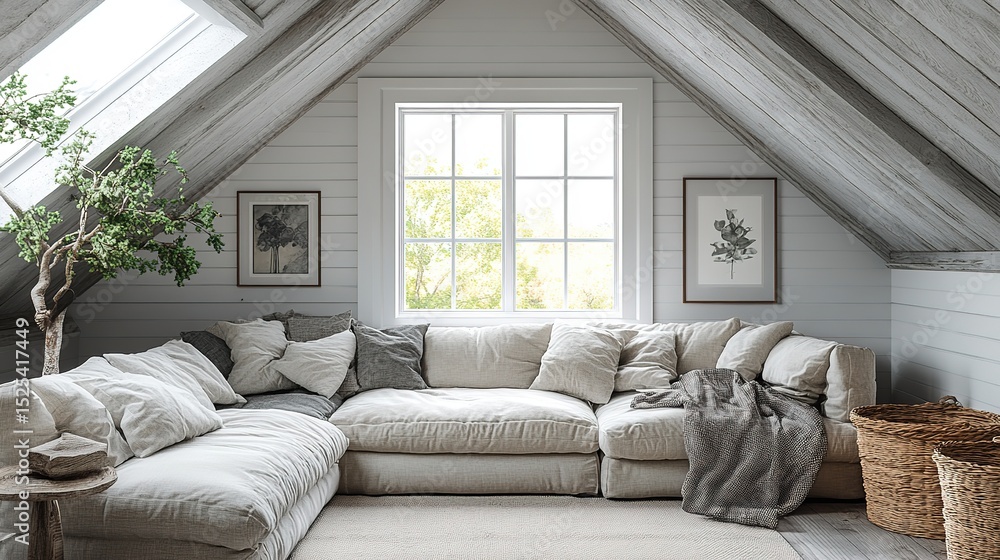 Rustic Attic Room with Triangular Window, Wooden Beams, Cozy Sofa, and ...