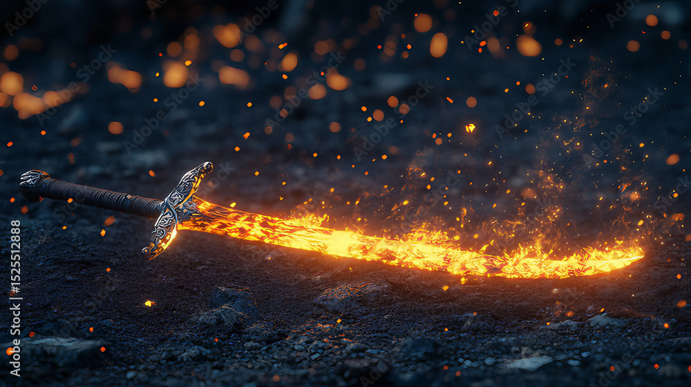 Illustrazione stock di Flaming sword stuck in the ground. Sword of fire ...