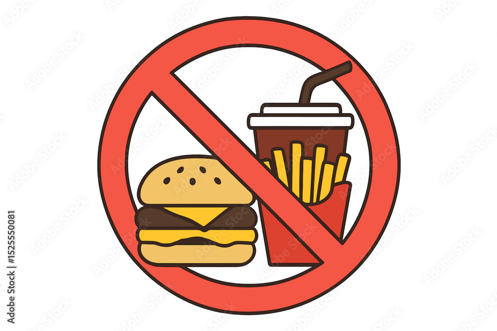 The concept of unhealthy eating is represented by a red banned sign ...