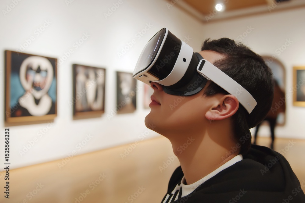 Visitor experiencing immersive virtual reality in art exhibition ...