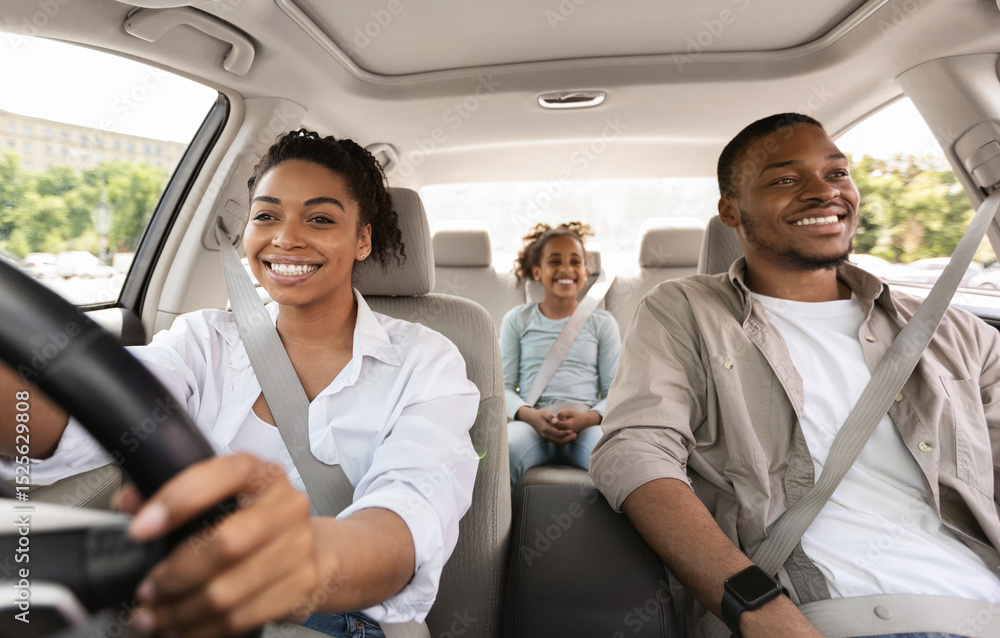 Family Having Car Ride, Woman Driving Enjoying Road Trip With Husband ...