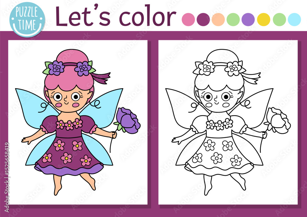 Vektor Fairyland coloring page for children with cute flower fairy ...