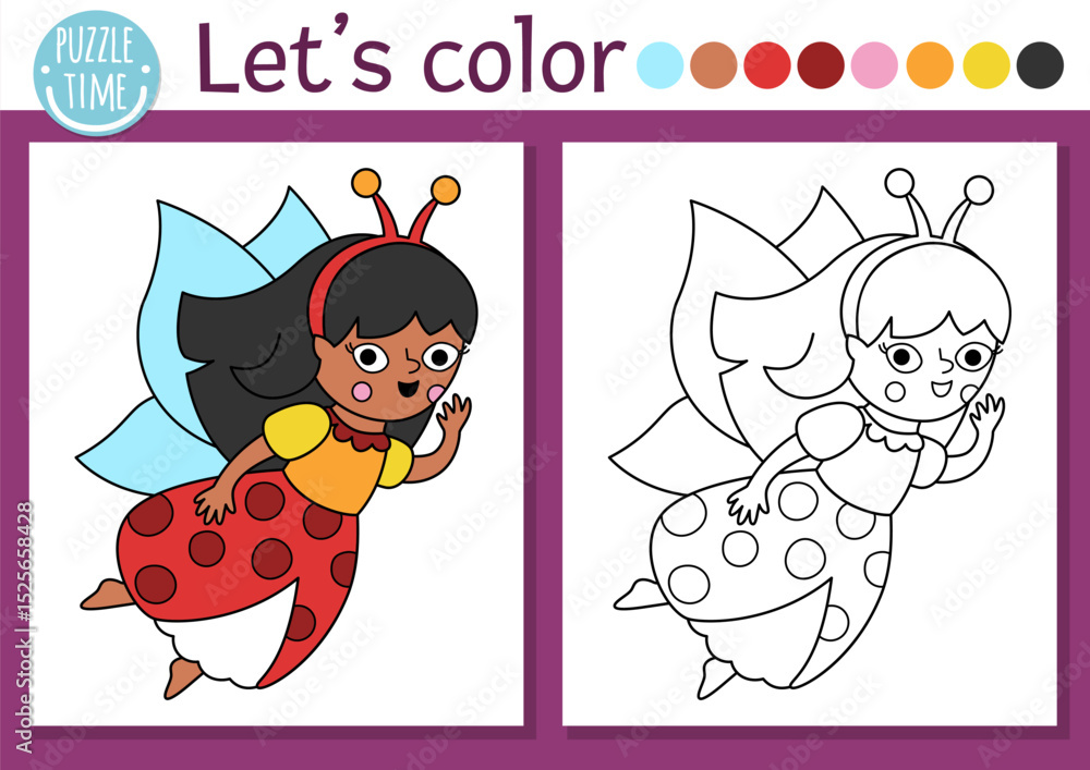 Fairyland coloring page for children with cute fairy bug. Vector magic ...