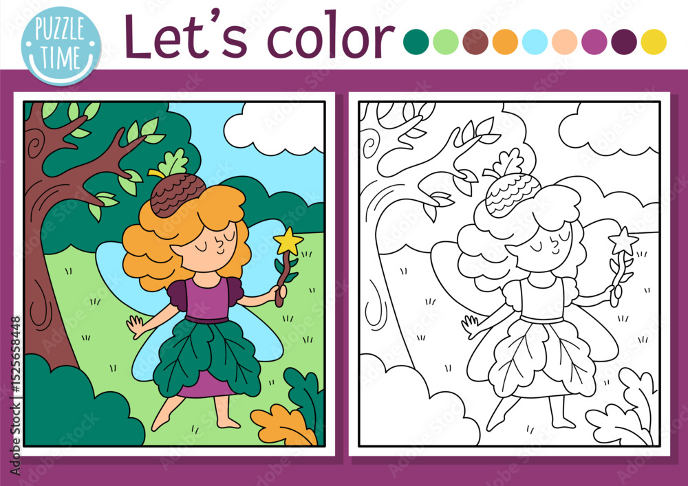 Fairyland coloring page with cute acorn fairy and magic forest ...