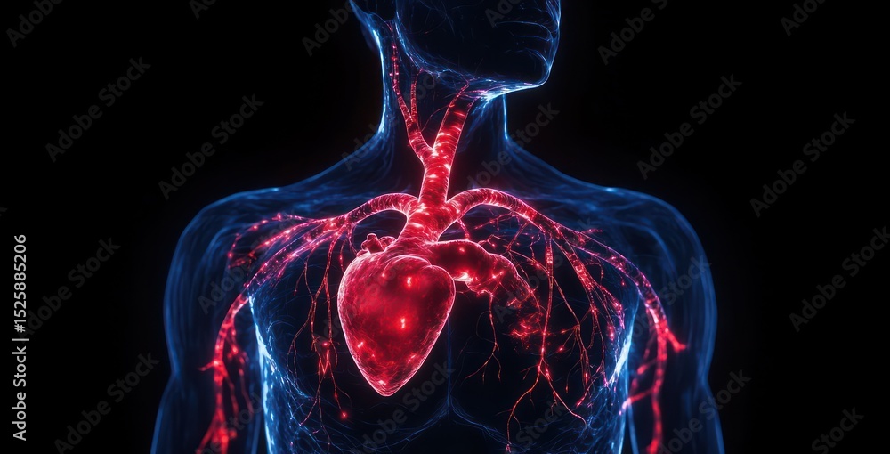 Detailed visualization of human cardiovascular system with glowing red ...