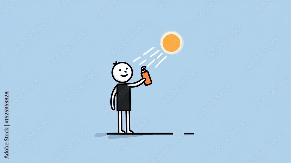 Sun is bright; stick figure uses sunscreen to block UV damage ...