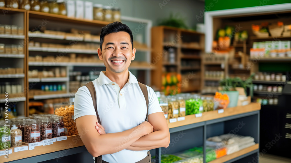 Stock-Illustration „Smiling Shopkeeper in Grocery: A friendly ...