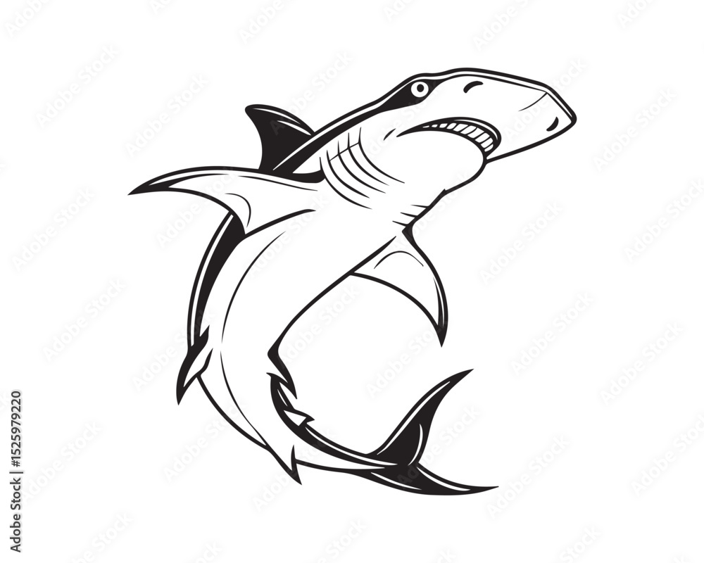 A black and white line drawing of a full hammerhead shark in profile ...