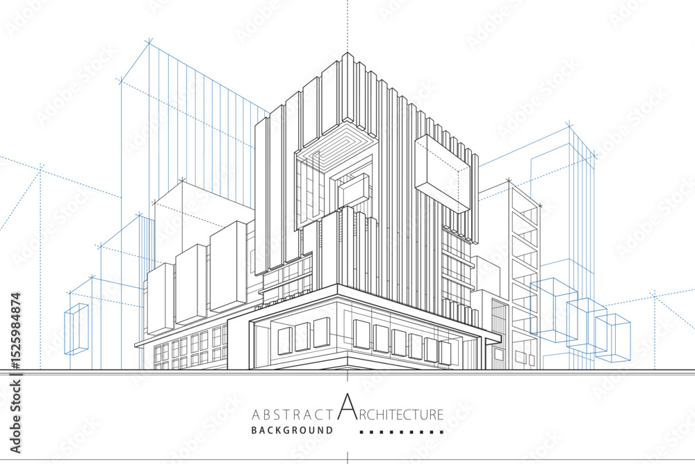3D illustration abstract urban building out-line drawing of imagination ...