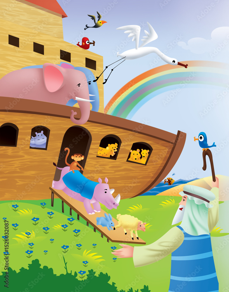 Cartoon illustration of Noah guiding animals into the ark with a ...