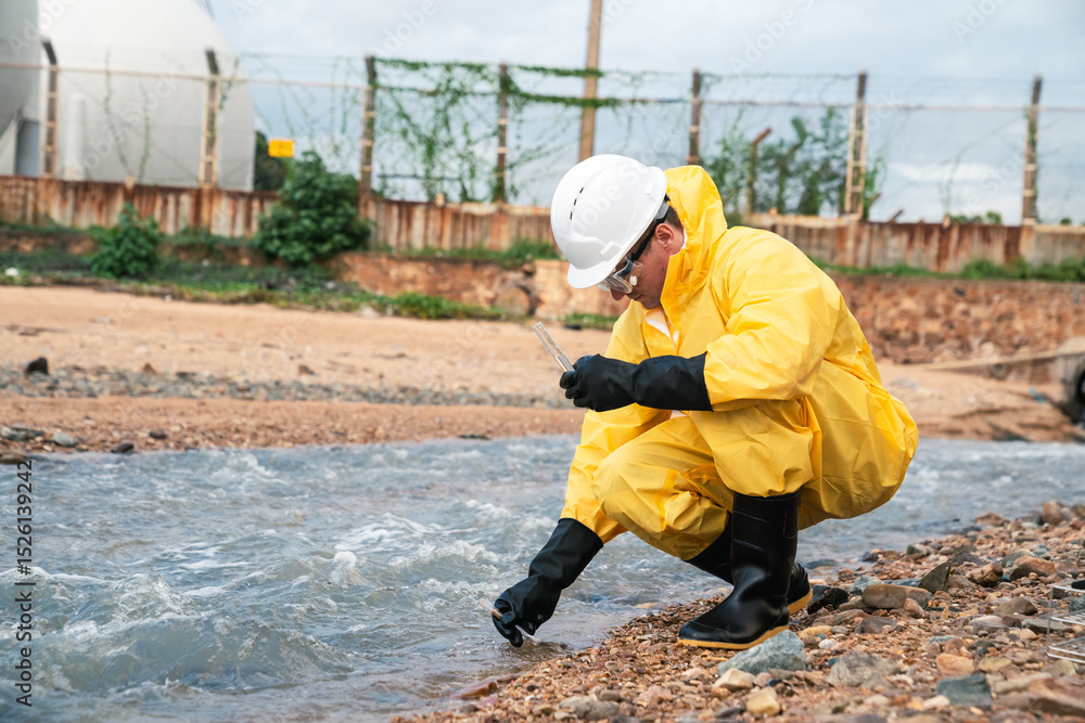 Factory Worker in Hazmat Suit Collecting Oil and Water Samples from ...