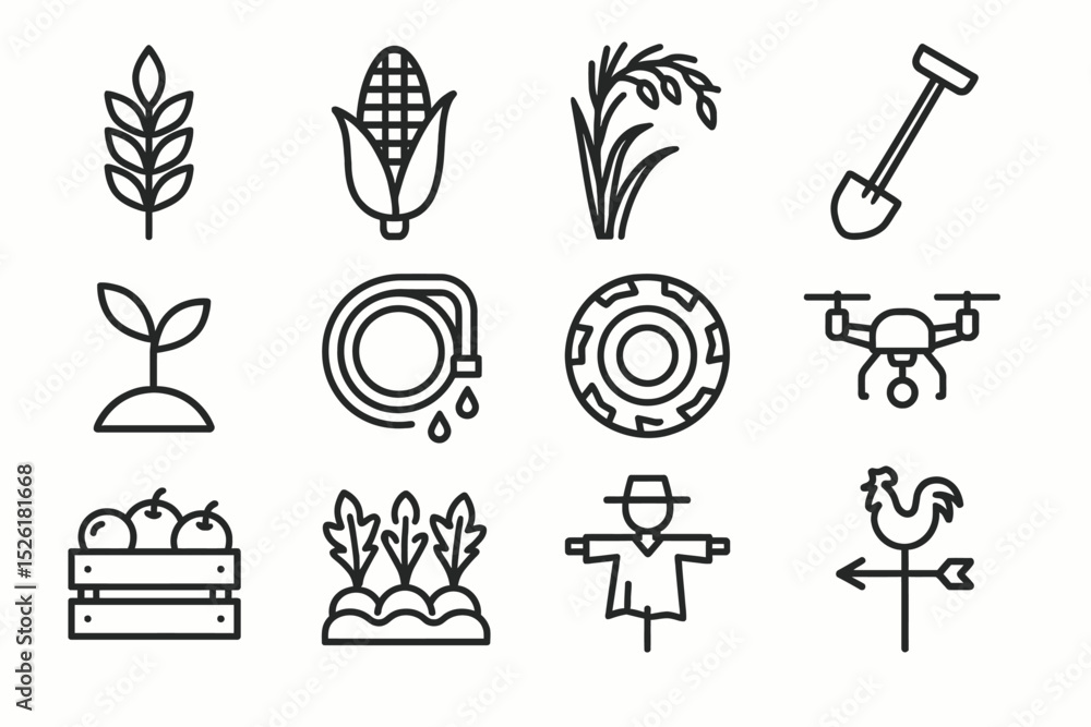 Simple farming icons: crops, tools, and machines for agriculture Stock ...