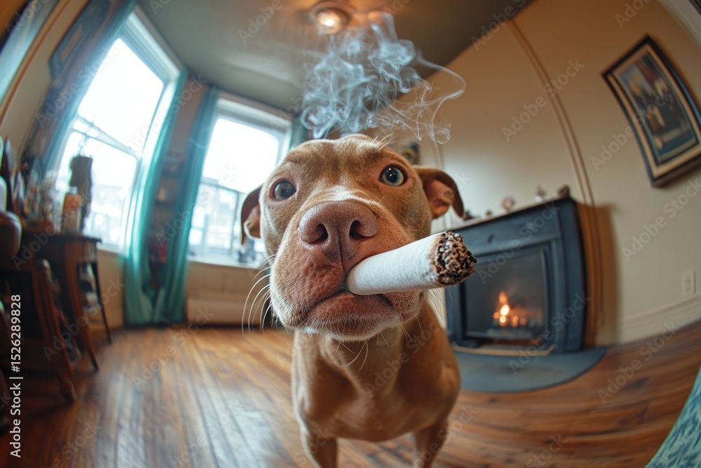 Brown labrador retriever smoking a cigarette in a living room with a ...