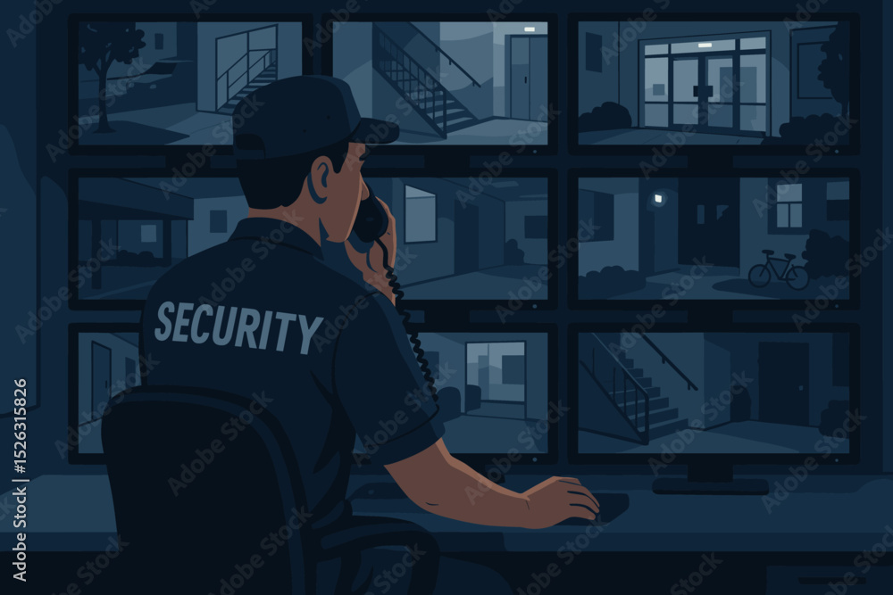 Security guard in a control room monitoring CCTV cameras on multiple ...