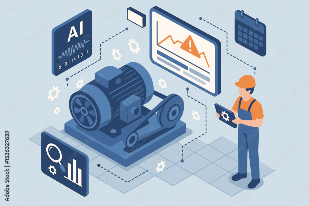 Predictive maintenance isometric concept with AI. Engineer using tablet ...