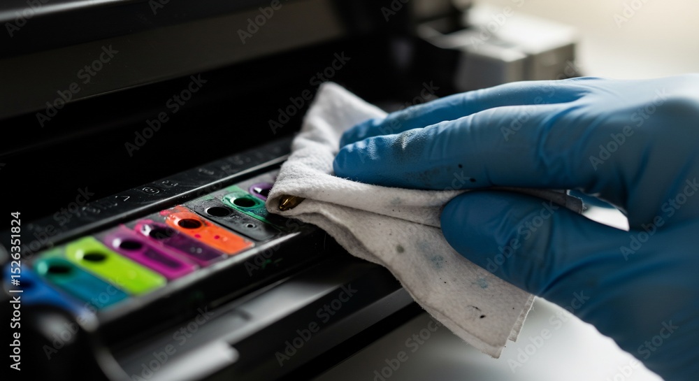 Inkjet Printer Head Cleaning with Gloved Hand and White Cloth Stock ...