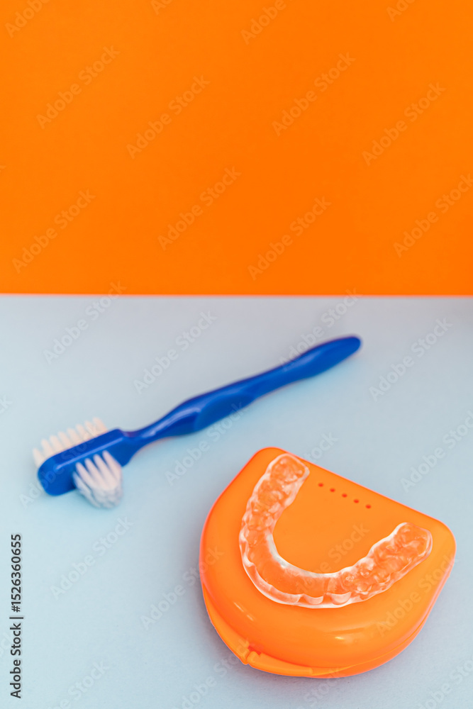 Dental Night Guard with Cleaning Toothbrush on Colorful Background for ...
