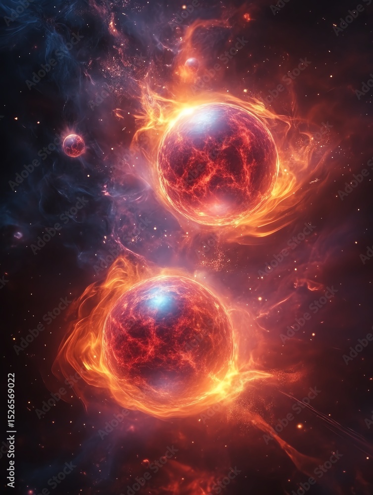 Glowing plasma spheres representing nuclear fusion reactions with ...