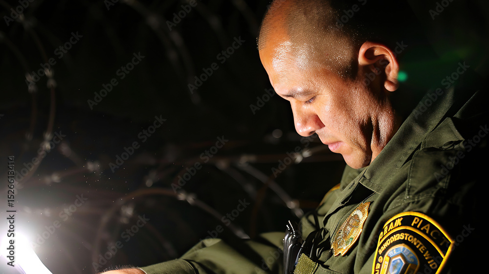 Stern uniformed border patrol officer inspecting documents at night ...