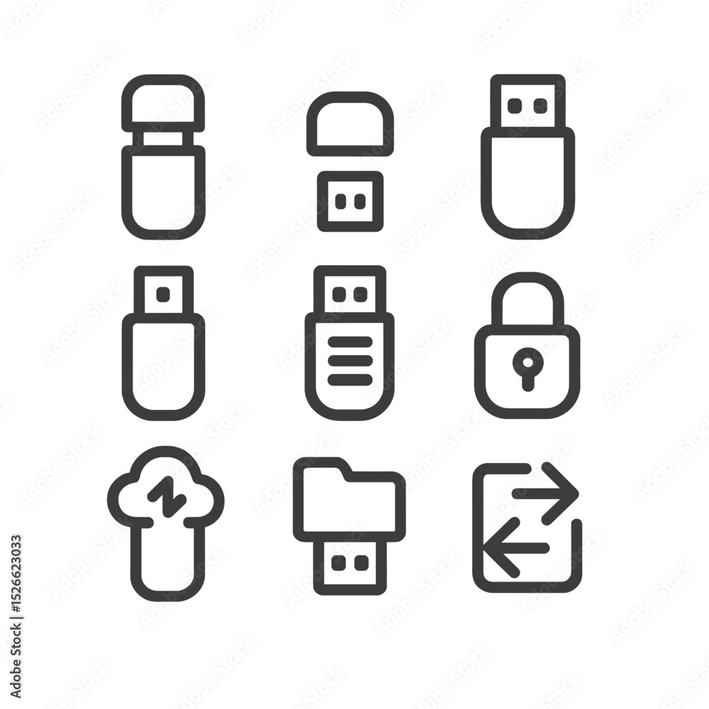 USB Stick Icons. Outline icon set of USB stick storage devices: USB ...