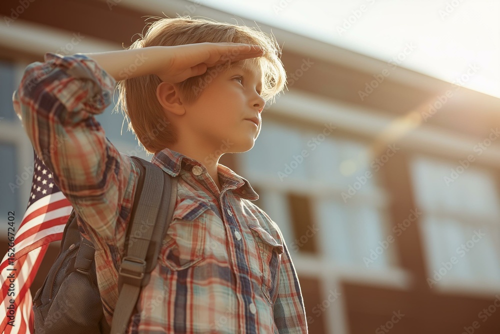 A young boy saluting with an American flag, showcasing pride and ...