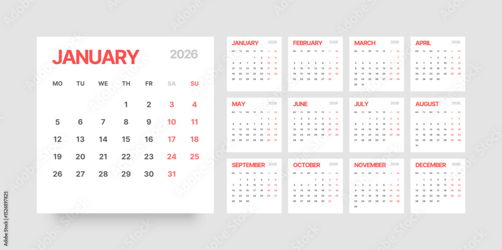 Monthly calendar layout for 2026 year. Planner Square diary for 2026 ...