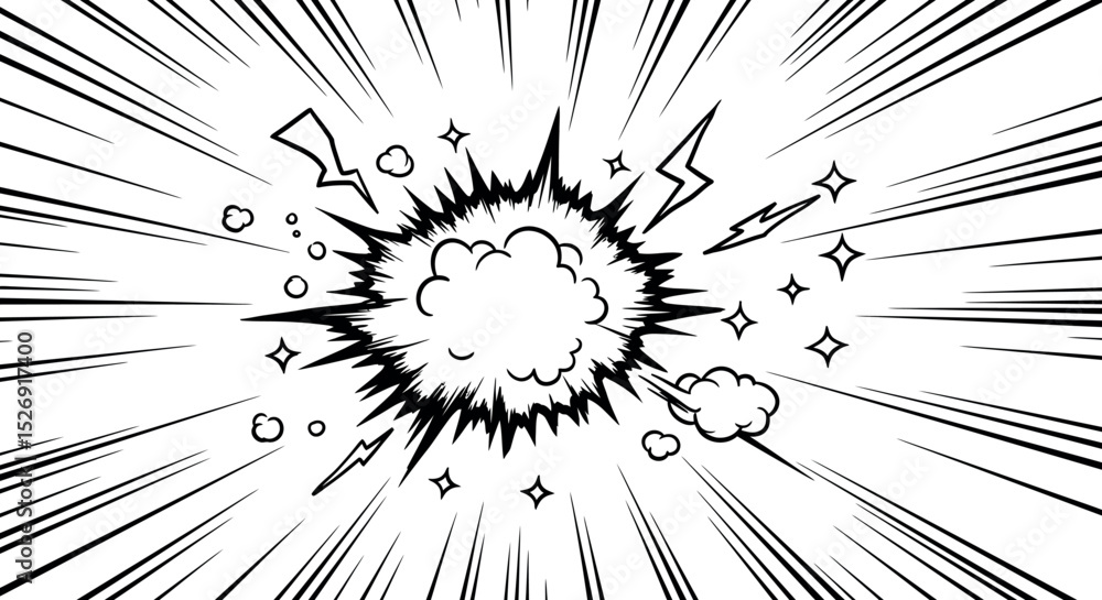 Dynamic comic book explosion with black and white impact lines and ...