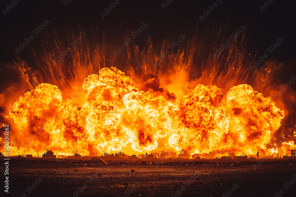 Huge explosion with a lot of fire and smoke. The fire is orange and the ...