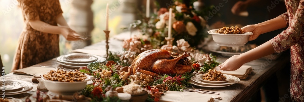 Thanksgiving feast: Two women prepare a table laden with a roasted ...