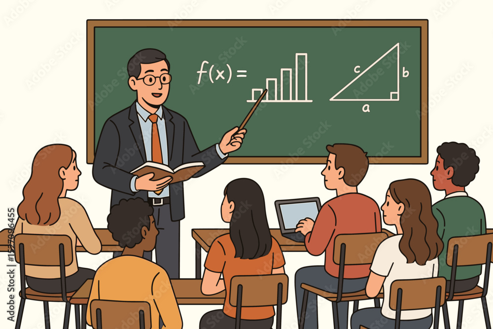 Male teacher giving a mathematics lesson in a classroom with diverse ...